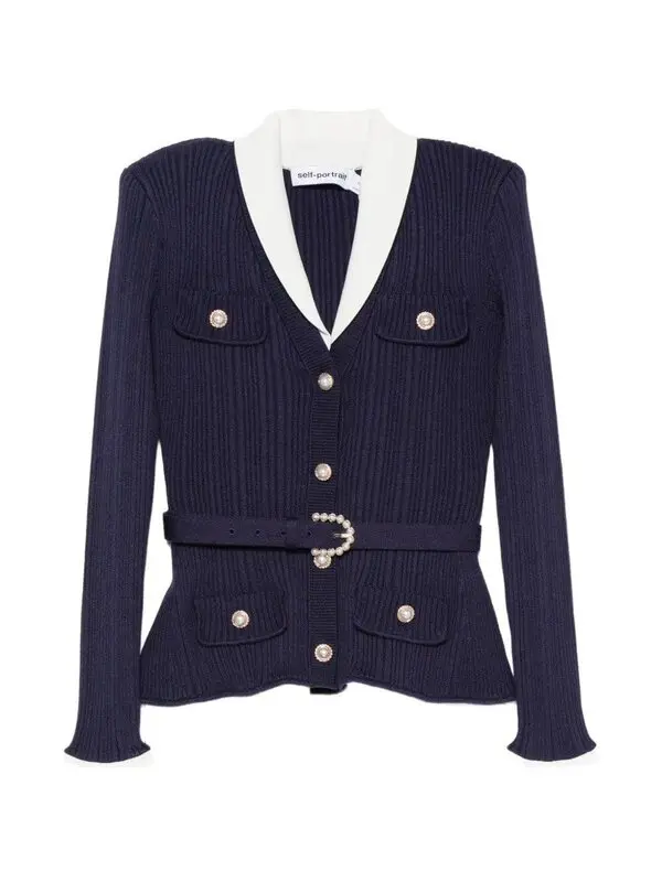 SELF-PORTRAIT Ribbed Cardigan - Blue