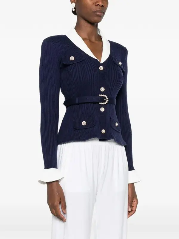 SELF-PORTRAIT Ribbed Cardigan - Blue
