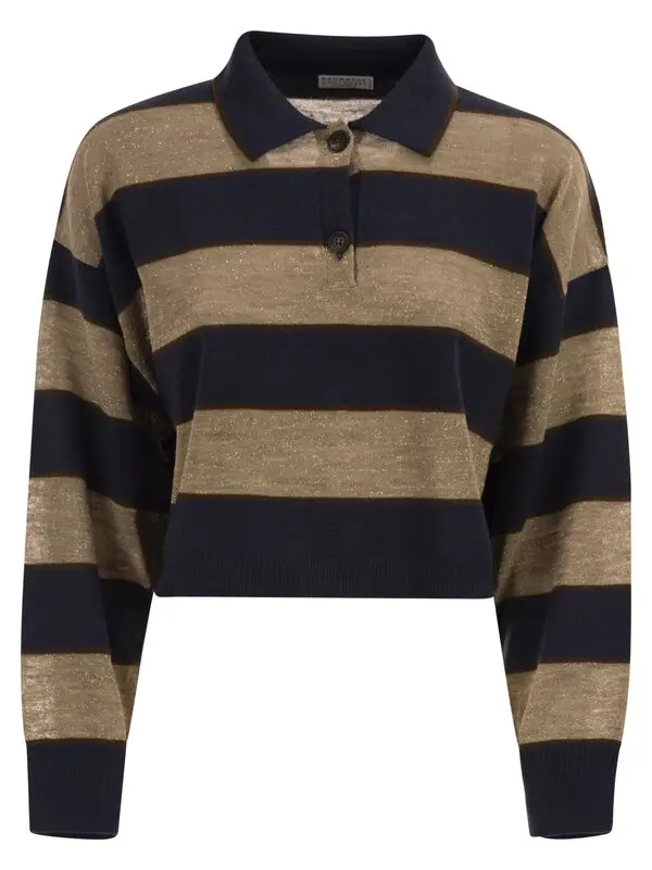 Brunello Cucinelli Sparkling Stripes Cropped Polo Shirt In Virgin Wool, Cashmere And Linen Knit - Multicolor