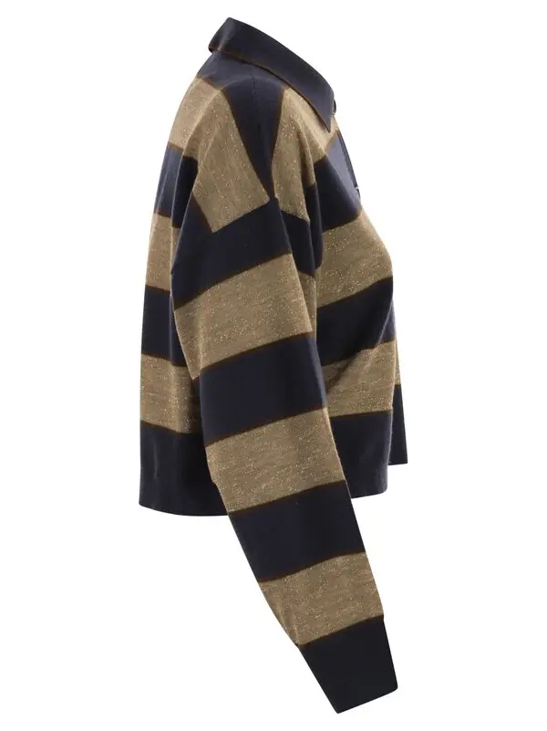 Brunello Cucinelli Sparkling Stripes Cropped Polo Shirt In Virgin Wool, Cashmere And Linen Knit - Multicolor