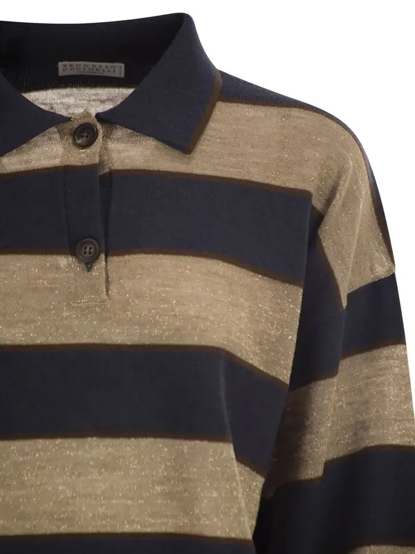 Brunello Cucinelli Sparkling Stripes Cropped Polo Shirt In Virgin Wool, Cashmere And Linen Knit - Multicolor