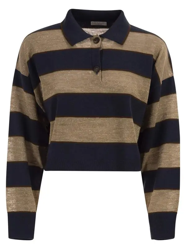 Brunello Cucinelli Sparkling Stripes Cropped Polo Shirt In Virgin Wool, Cashmere And Linen Knit - Multicolor