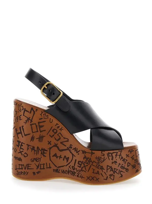 Chloé Maxime' Black Wedges With High Embossed High Wedge Heel And Crossover Strap On The Toe In Leather Womam - Multicolor