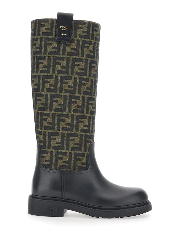 Fendi Boots With All-over Ff Motif And Side Logo Lettering In Leather And Tech Fabric Black - Multicolor