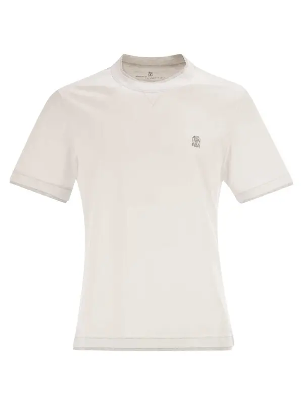Brunello Cucinelli Cotton Jersey Crew Neck T-shirt With Logo And Faux Layering - White