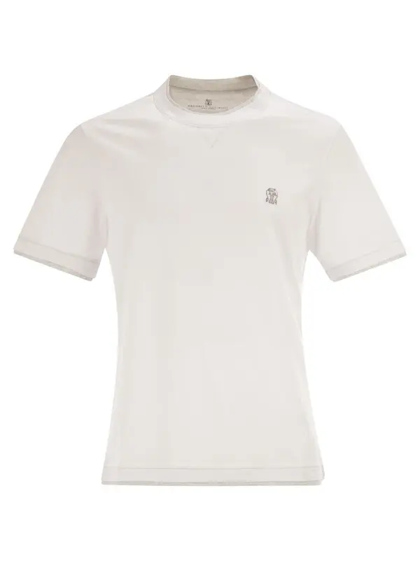 Brunello Cucinelli Cotton Jersey Crew Neck T-shirt With Logo And Faux Layering - White