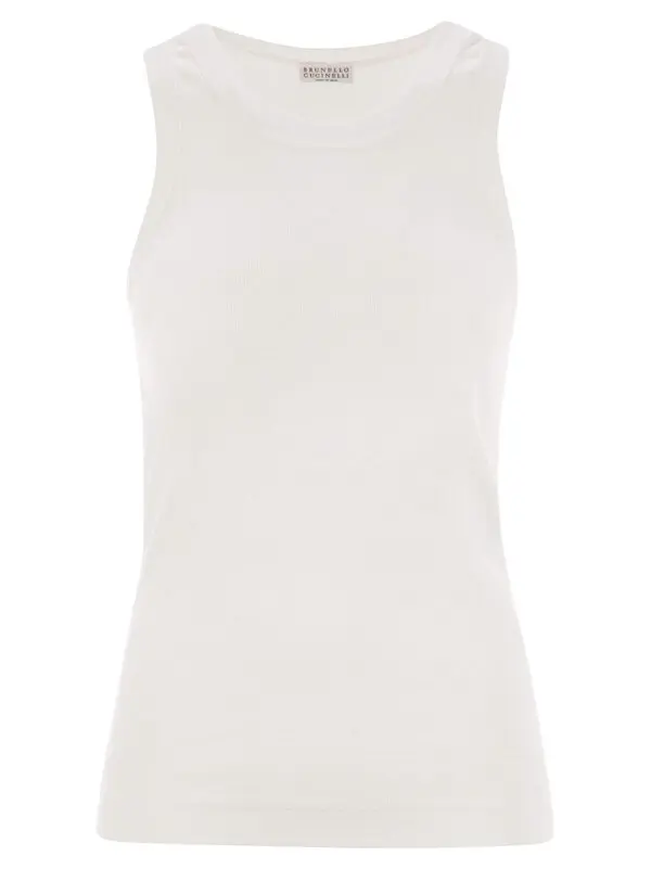 Brunello Cucinelli Stretch Cotton Ribbed Jersey Top With Monile - White
