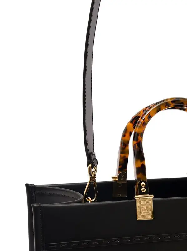 Fendi Handbag 'sunshine' With Embossed Logo And Turtle Effect Handle In Black Leather For