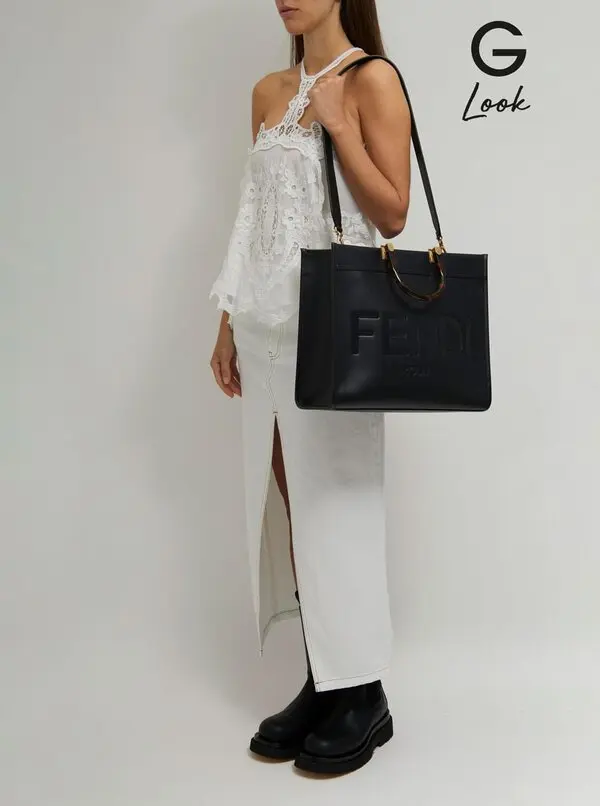 Fendi Handbag 'sunshine' With Embossed Logo And Turtle Effect Handle In Black Leather For