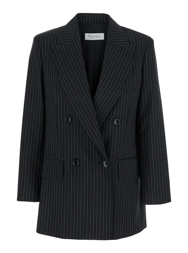 Max Mara Mattia' Black Double-breasted Jacket With Peak Revers And All-over Striped Motif In Wool - Multicolor