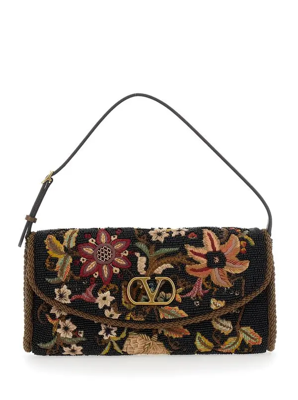 Valentino Garavani Shoulder Bag With Vlogo Plaque On The Front And Floral Embroidery For - Multicolor