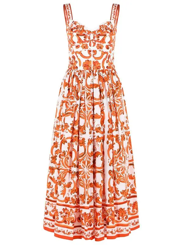 Dolce & Gabbana Maiolica' White And Cotton Maxi Dress - Orange