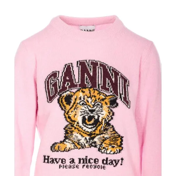 GANNI Logo Wool Jumper With Tiger Print - Pink