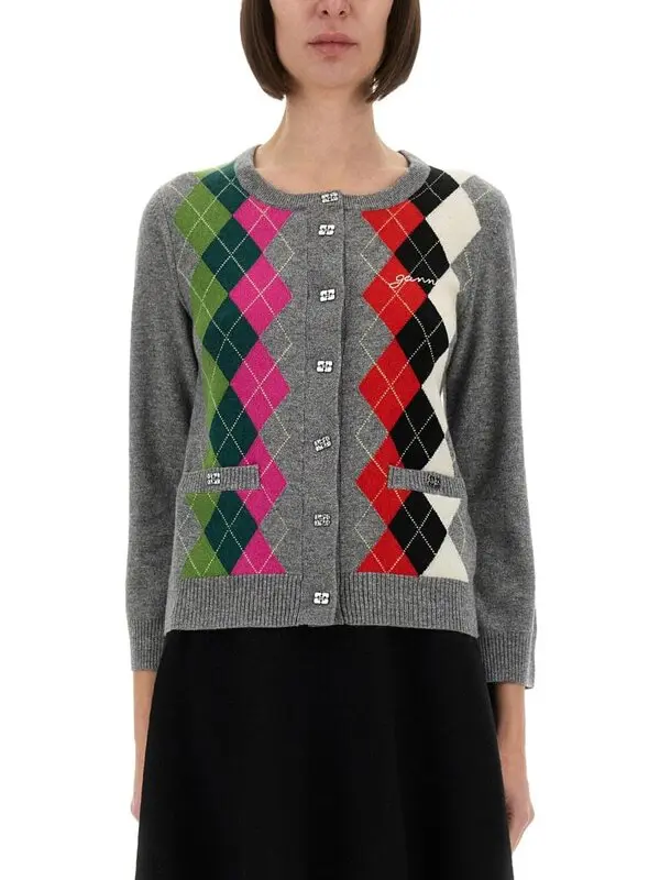 GANNI Jacquard Cashmere Cardigan - Purple