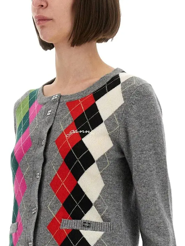 GANNI Jacquard Cashmere Cardigan - Purple