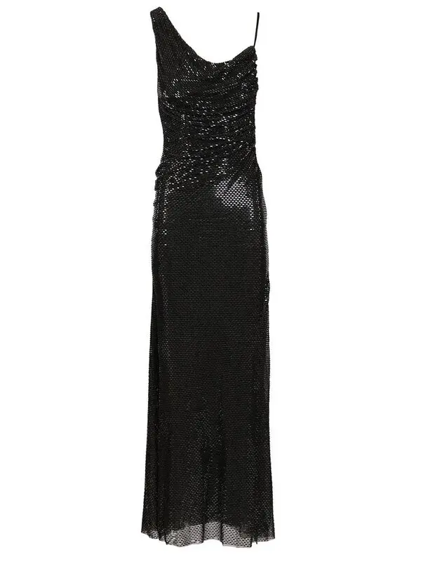 SELF-PORTRAIT Rhinestone Draped Floor-length Dress - Black