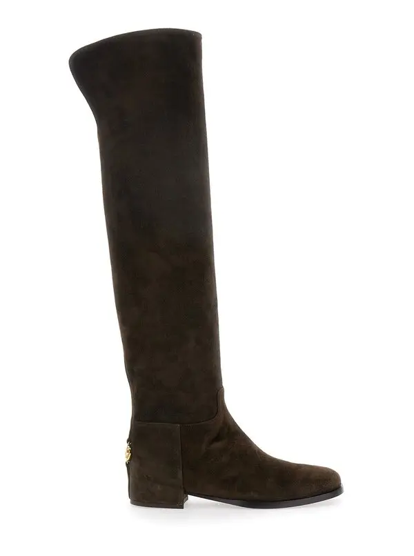 Dolce & Gabbana Brown Knee-high Boots With Back Logo Plaque In Suede - Multicolor