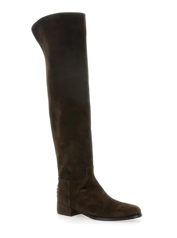 Dolce & Gabbana Brown Knee-high Boots With Back Logo Plaque In Suede - Multicolor
