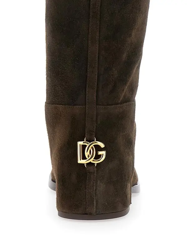 Dolce & Gabbana Brown Knee-high Boots With Back Logo Plaque In Suede - Multicolor