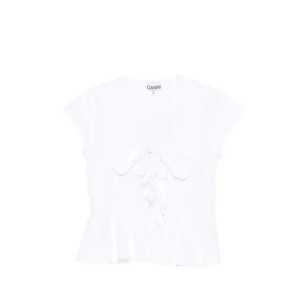 GANNI Organic Cotton Short Sleeve Blouse - White