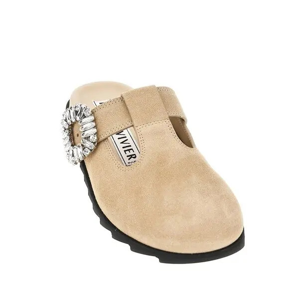 ROGER VIVIER Suede Leather Slidy Viv Mules - Cream