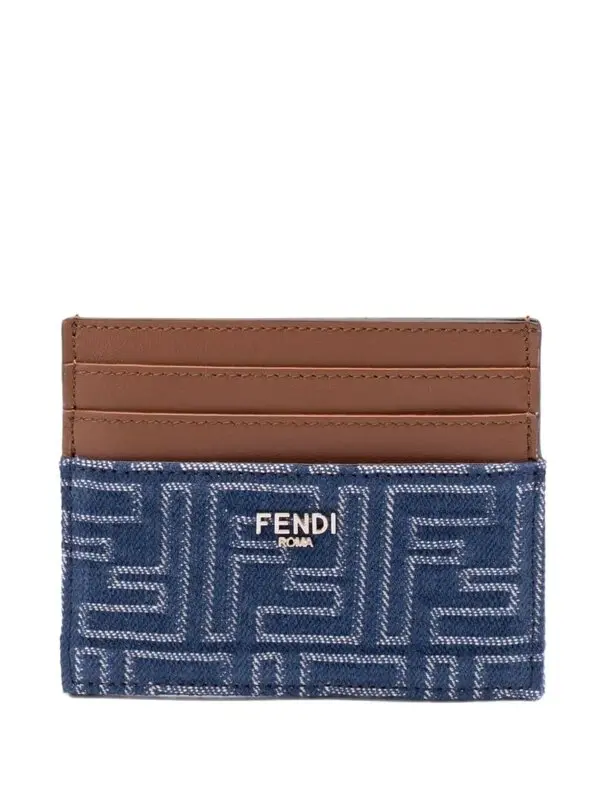 Fendi Leather And Denim-effect Ff Jacquard Card Holder - Blue
