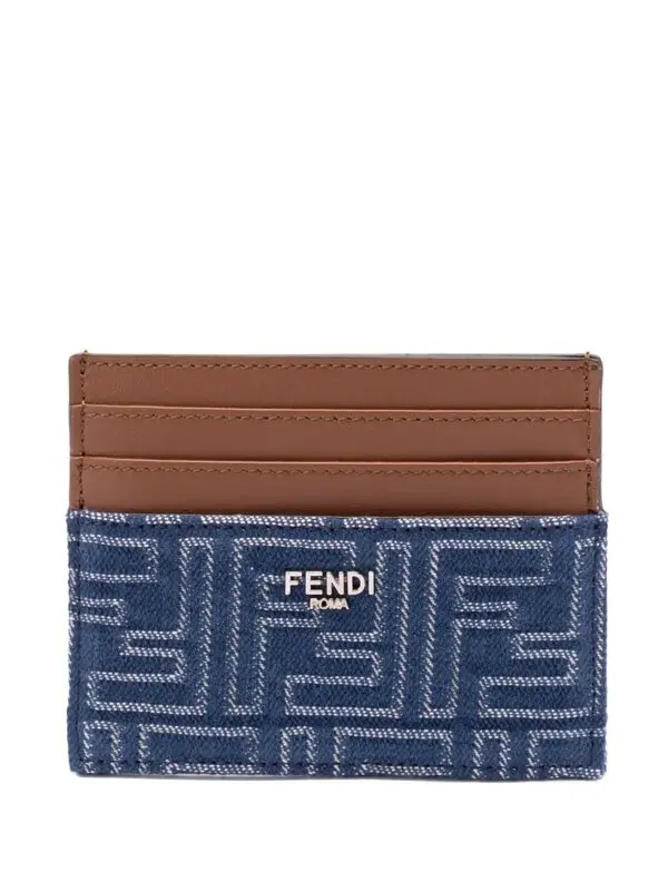 Fendi Leather And Denim-effect Ff Jacquard Card Holder - Blue
