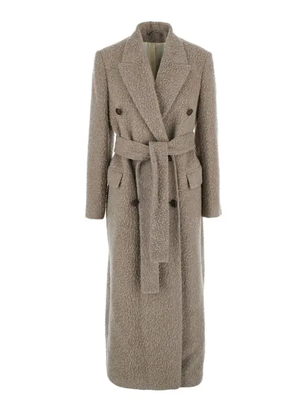 GOLDEN GOOSE Beige Double-breasted Coat With Classic Lapels And Belt In Wool And Mohair Blend - Multicolor