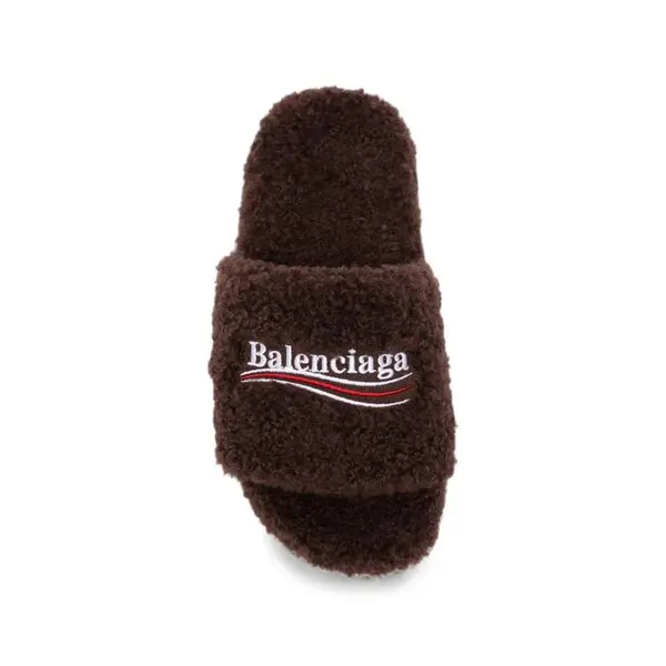 Balenciaga Shearling Textured Slides - Brown