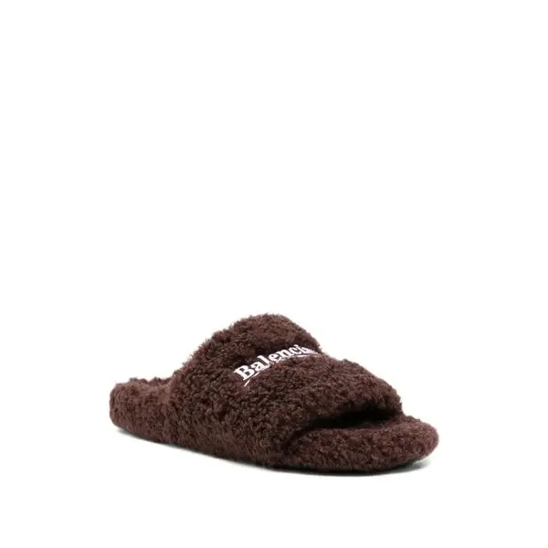 Balenciaga Shearling Textured Slides - Brown