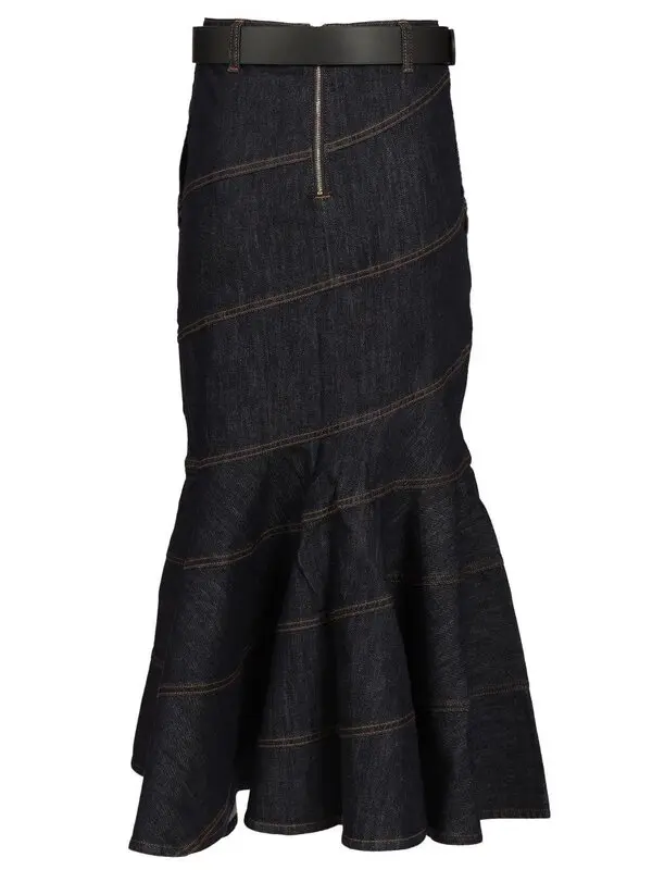 SELF-PORTRAIT Belted Denim Midi Skirt - Blue
