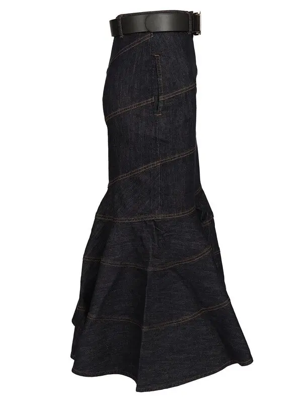 SELF-PORTRAIT Belted Denim Midi Skirt - Blue