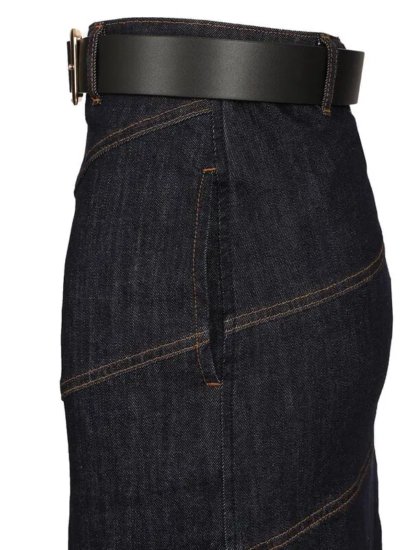 SELF-PORTRAIT Belted Denim Midi Skirt - Blue