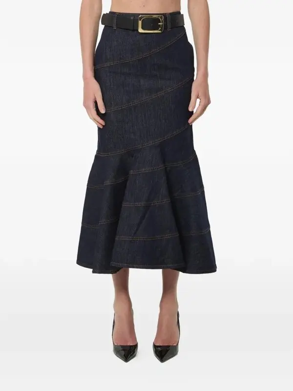 SELF-PORTRAIT Belted Denim Midi Skirt - Blue