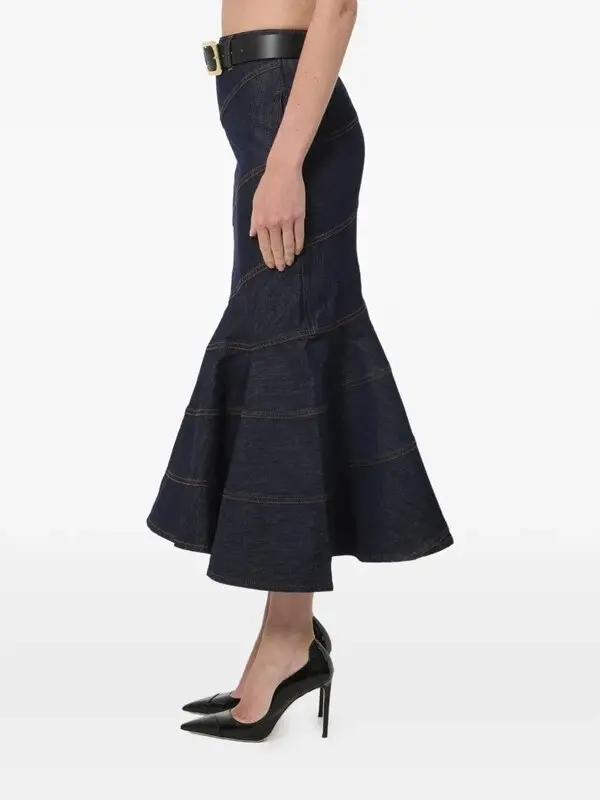 SELF-PORTRAIT Belted Denim Midi Skirt - Blue