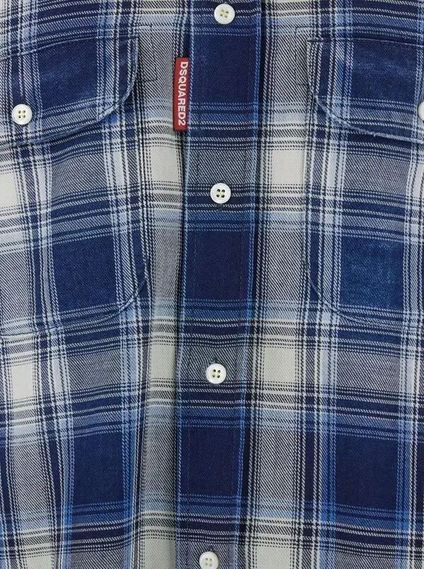 Dsquared2 Blue Shirt With Classic Collar And All-over Check Motif In Cotton - Multicolor