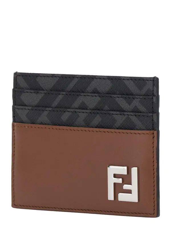 Fendi Card Holder With Ff Plaque On The Front In Leather And Ff Canvas - Brown