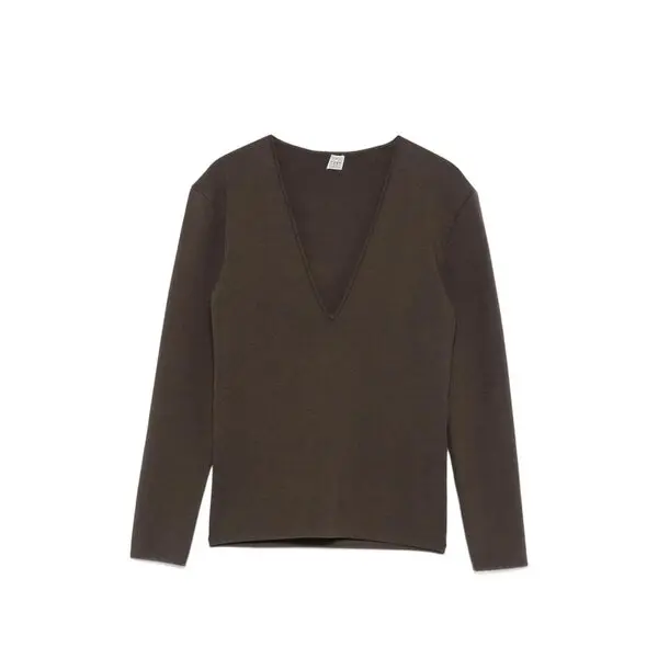TOTEME Ribbed Knit V-neck Pullover - Brown