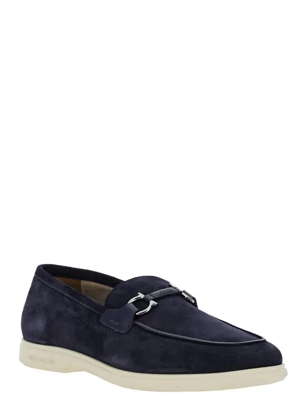 FERRAGAMO Cosimo' Blue Loafers With Metallic Hooks On The Front In Suede - Multicolor