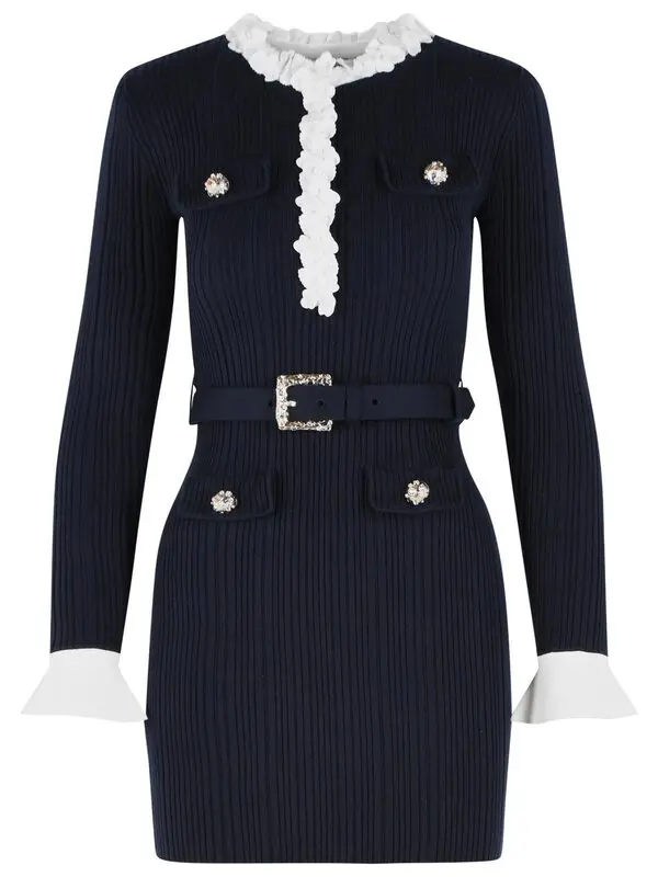 SELF-PORTRAIT Flower' Mini Dress In Navy Wool Blend - Blue