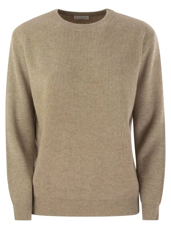 Brunello Cucinelli English Rib Cashmere Sweater With Monile - Cream