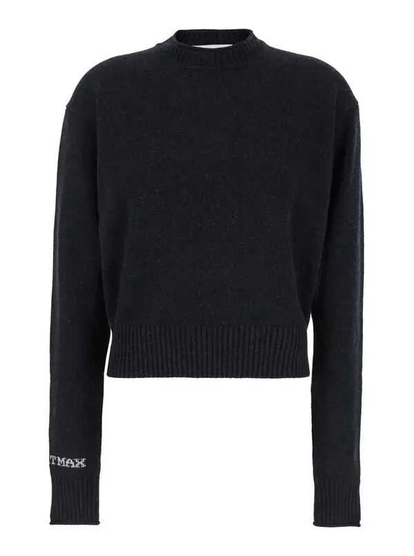 Sportmax Agadir' Black Crewneck Sweater With Logo Lettering On The Sleeve In Wool And Cashmere - Multicolor
