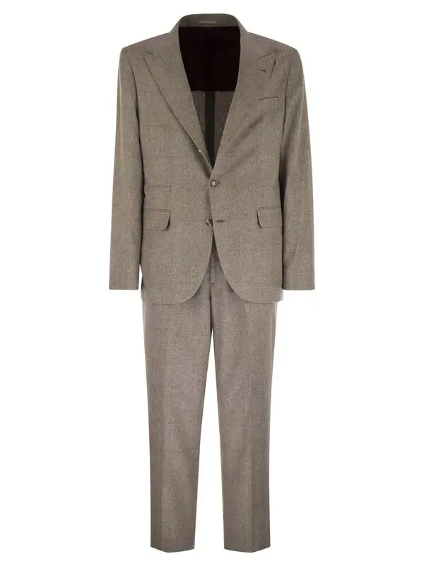Brunello Cucinelli Prince Of Wales Flannel Suit In Silk, Wool And Cashmere - Multicolor