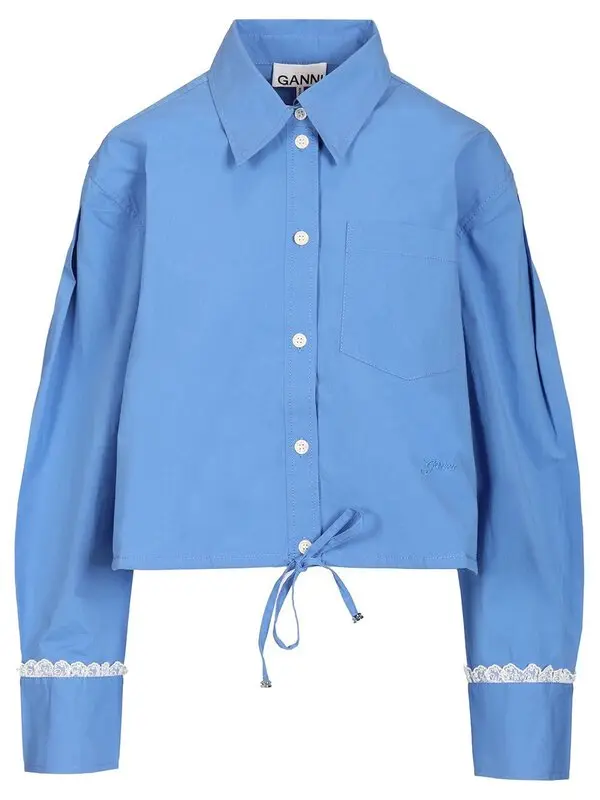GANNI Cotton Shirt With Lace Details - Blue