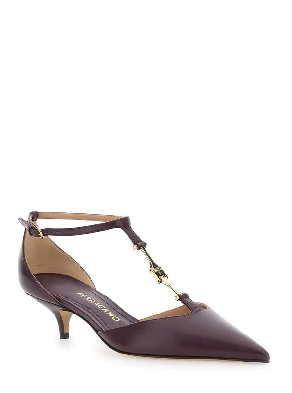 FERRAGAMO Bordeaux Pumps With T Strap And Low Heel In Leather - Multicolor