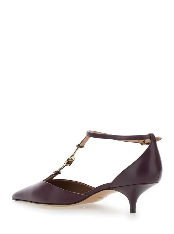 FERRAGAMO Bordeaux Pumps With T Strap And Low Heel In Leather - Multicolor