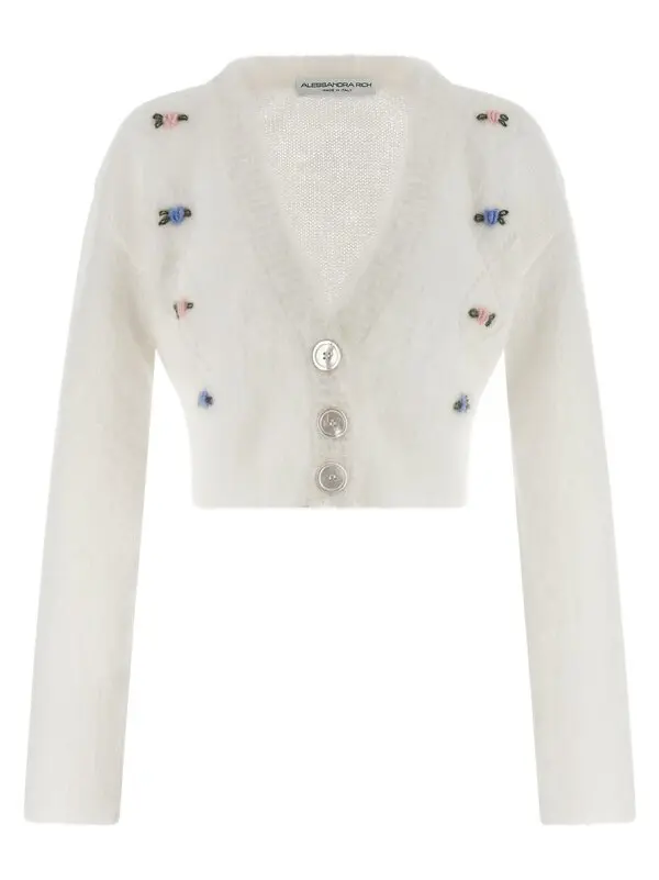 Alessandra Rich Embroidered Mohair Blend Cropped Cardigan - White