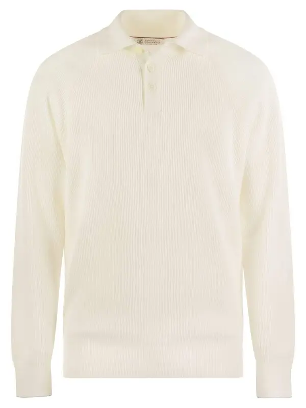 Brunello Cucinelli Cotton Rib Knit Polo Shirt With Long Raglan Sleeve - Cream