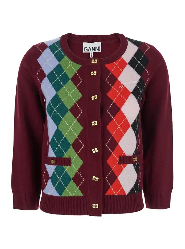 GANNI Crewneck Cardigan With Jewel Buttons And Gemetric Motif On The Front In Wool And Cashmere - Multicolor