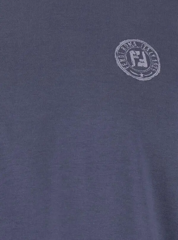 Fendi Blue Crewneck T-shirt With Logo Print On The Front And Logo Patch On The Rear In Cotton - Multicolor